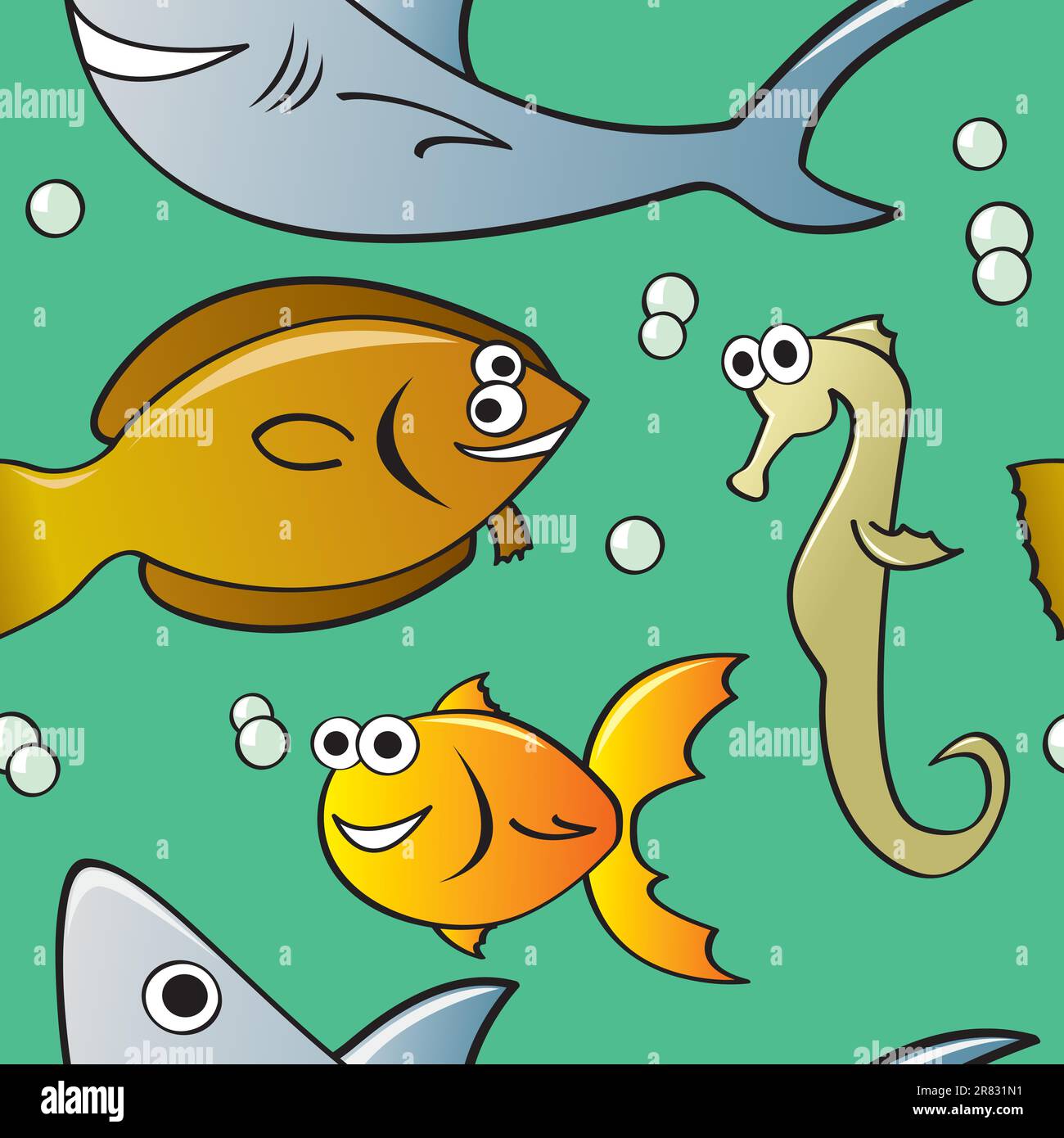 A seamless pattern featuring various types of cartoon fish who are ...