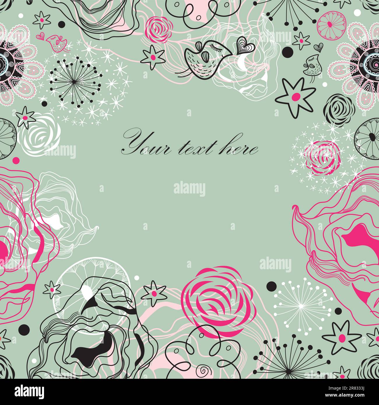 Graphical abstract background with birds and flowers on the green Stock ...