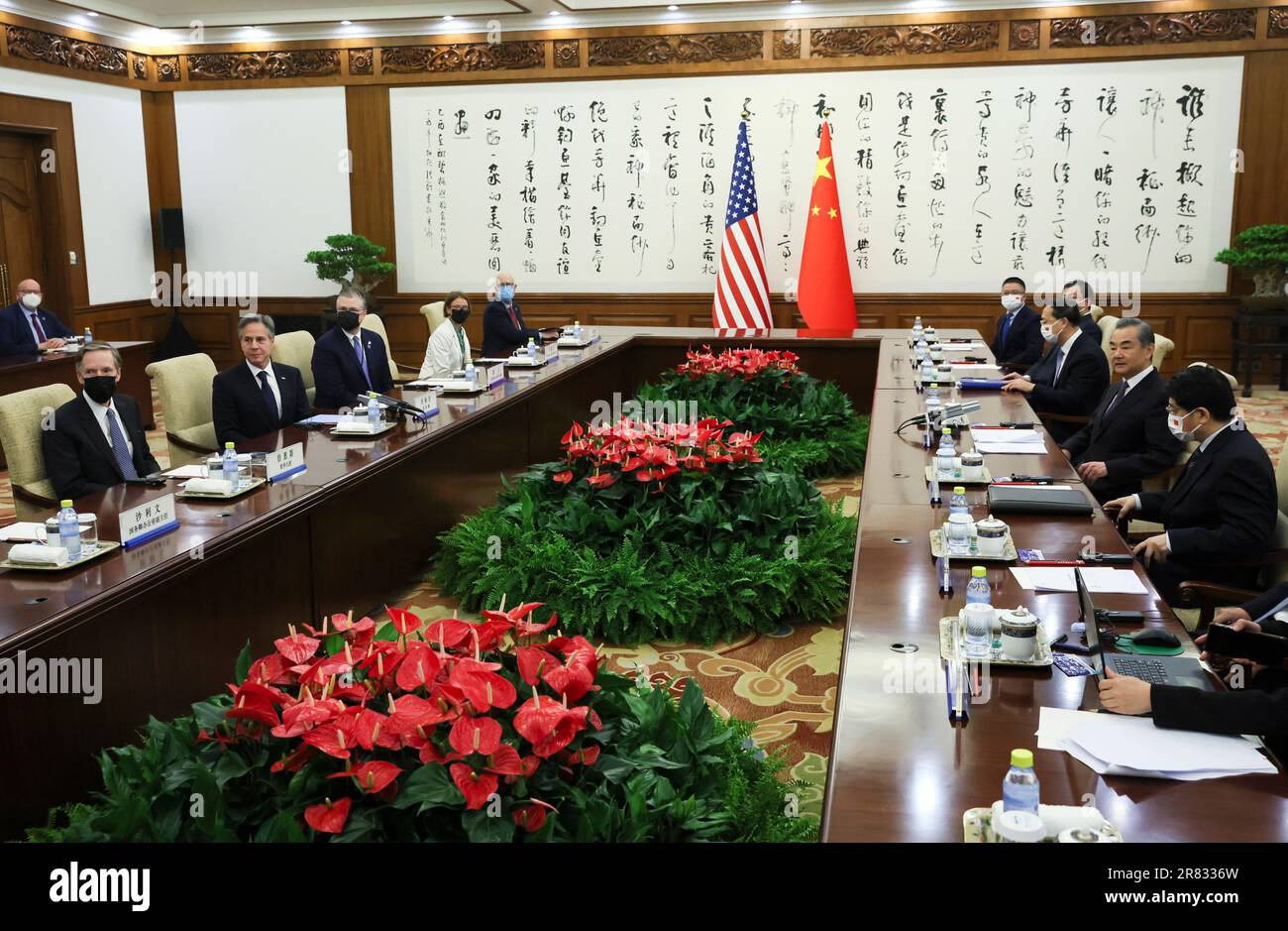 U.S. Secretary of State Antony Blinken, second left, meets with China's top diplomat Wang Yi ...