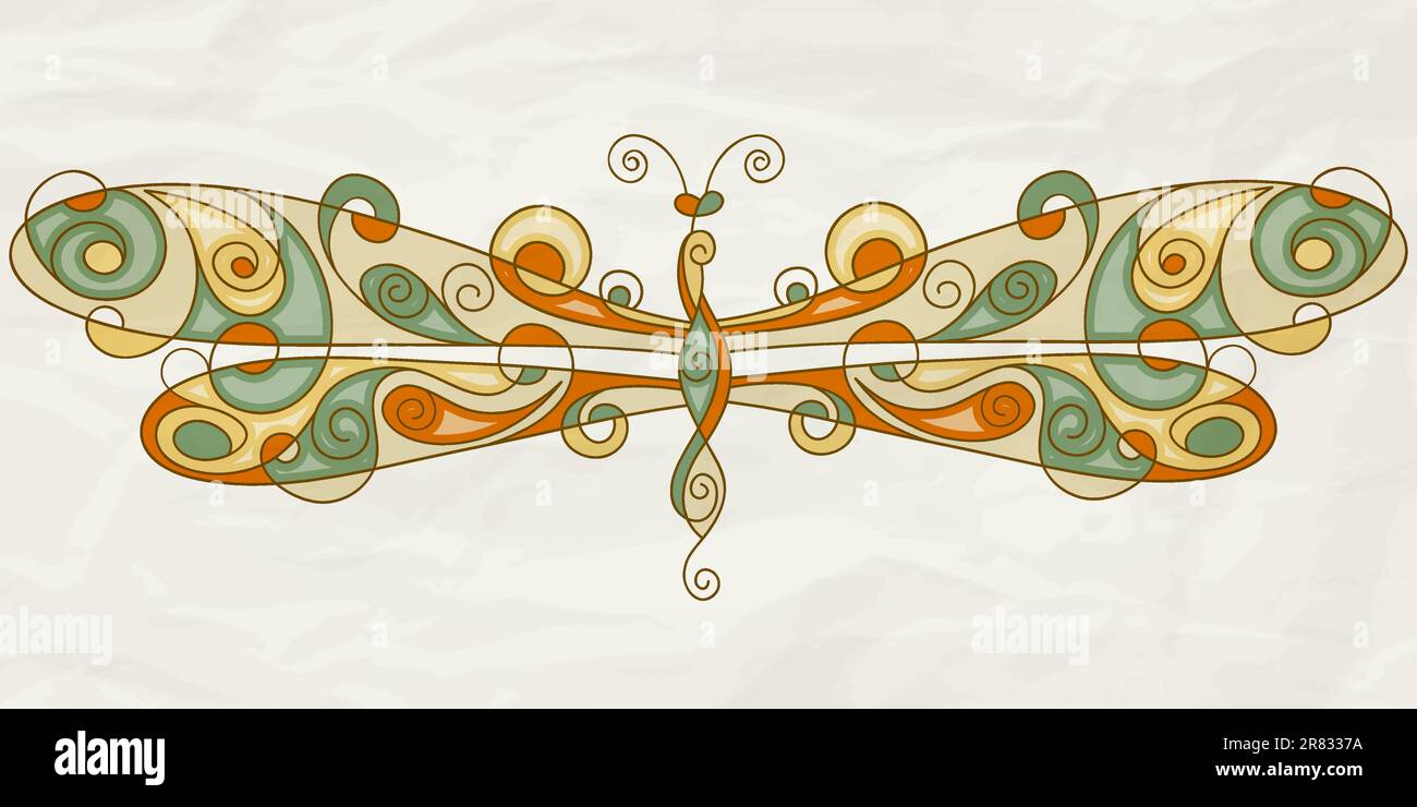 vector stylized dragonfly with detailed wings on crumpled paper texture ...