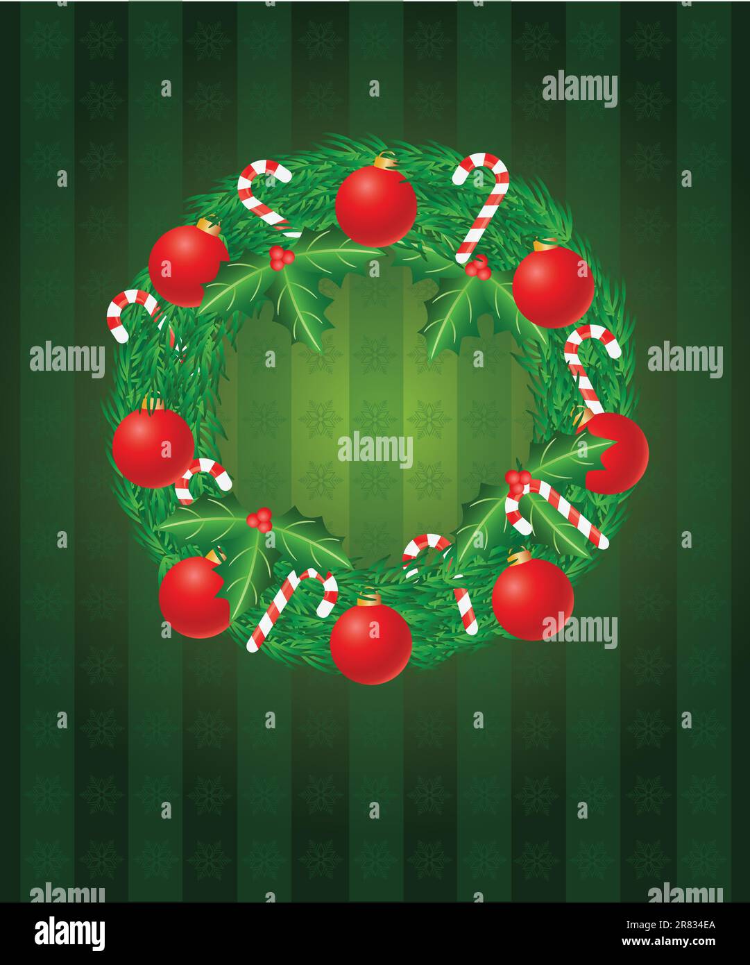 Christmas Wreath with Tree Ornaments Candy Cane and Holly Leaf Berries ...