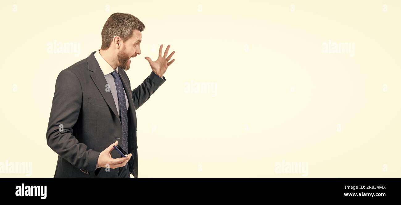 Angry executive manager in formal suit scream gesticulating half-turn ...