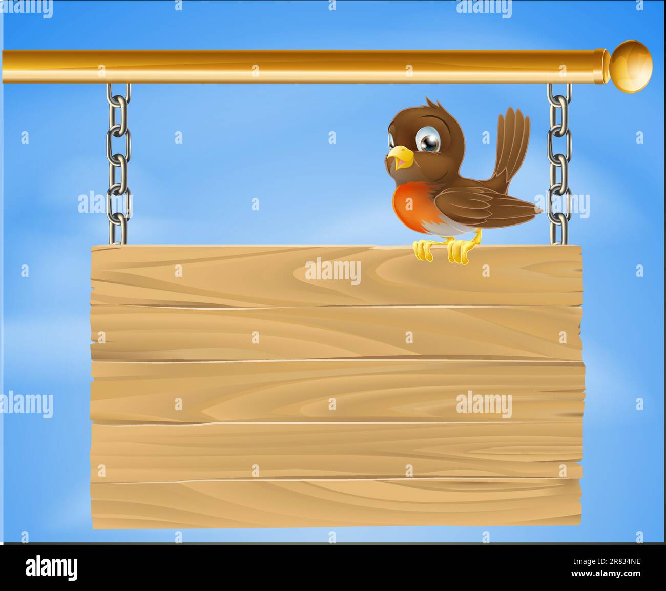 A cartoon illustration of a happy bird on a wood sign Stock Vector ...