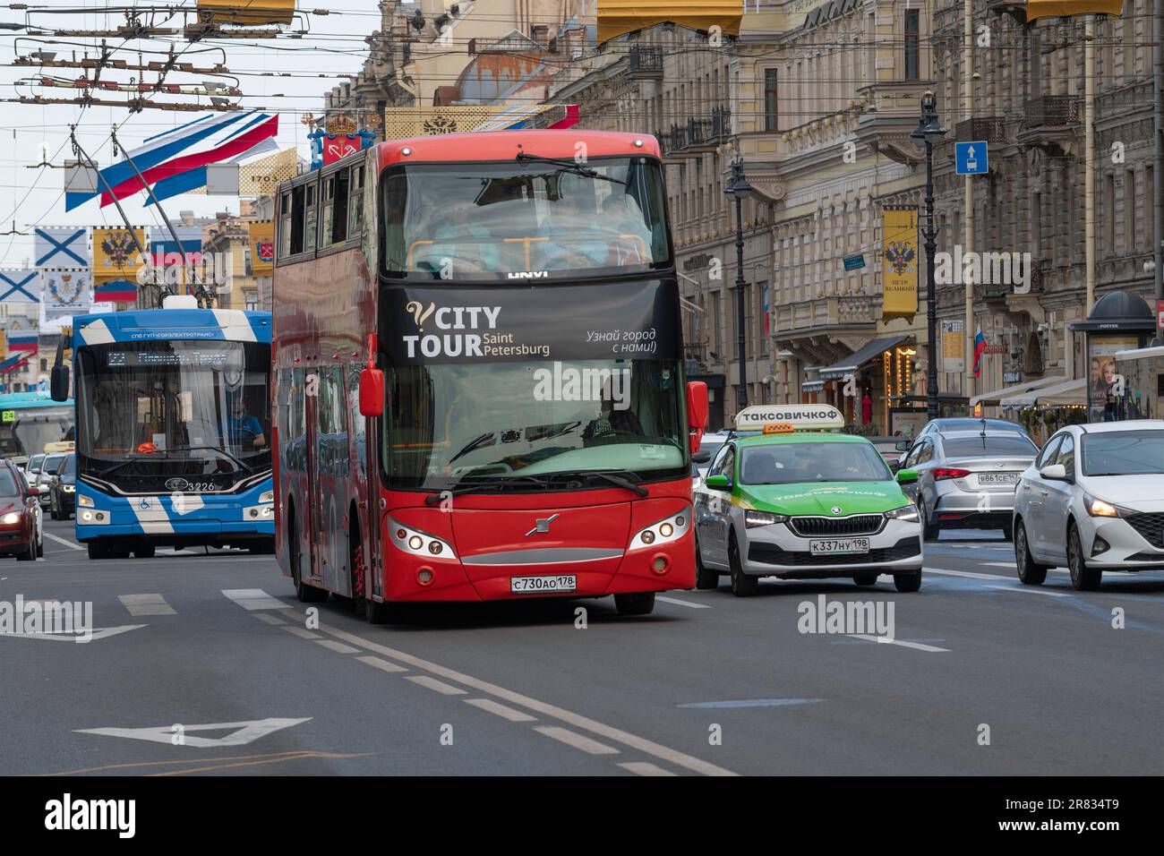 ST. PETERSBURG, RUSSIA - MAY 26, 2023: Volvo B9TL UNVI Urbis 2.5DD ...