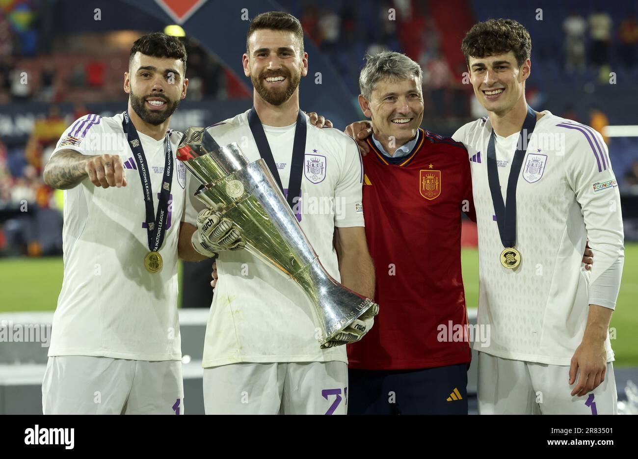 Spain goalkeepers David Raya, Unai Simon, Cesar Azpilicueta celebrate the victory with the ...