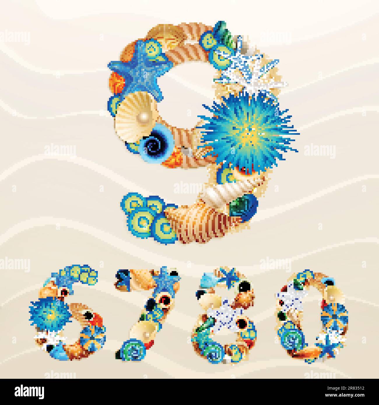 Numbers, vector sea life font on sand background. Check my portfolio ...