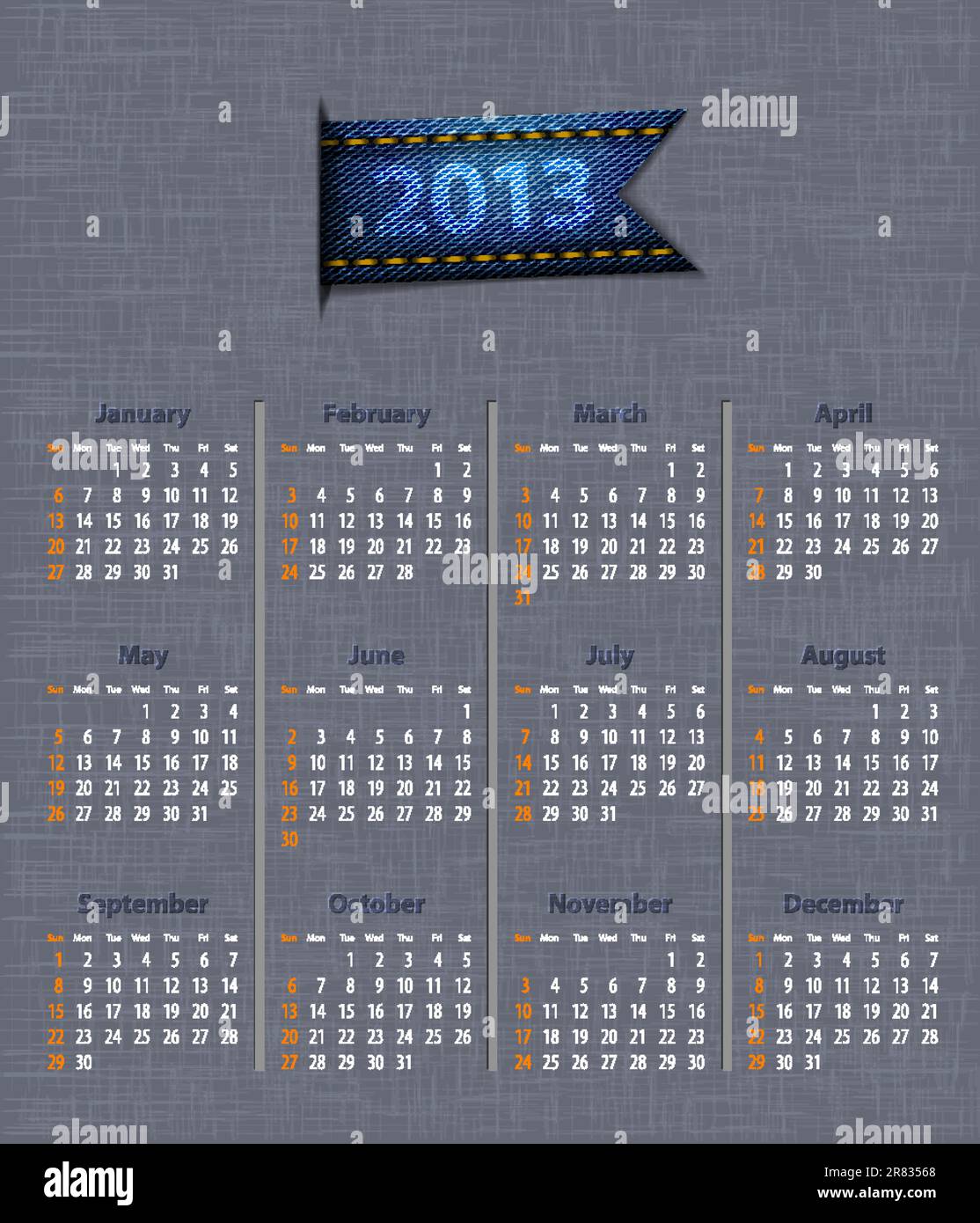 Stylish calendar for 2013 on linen texture with denim insertion. Vector ...