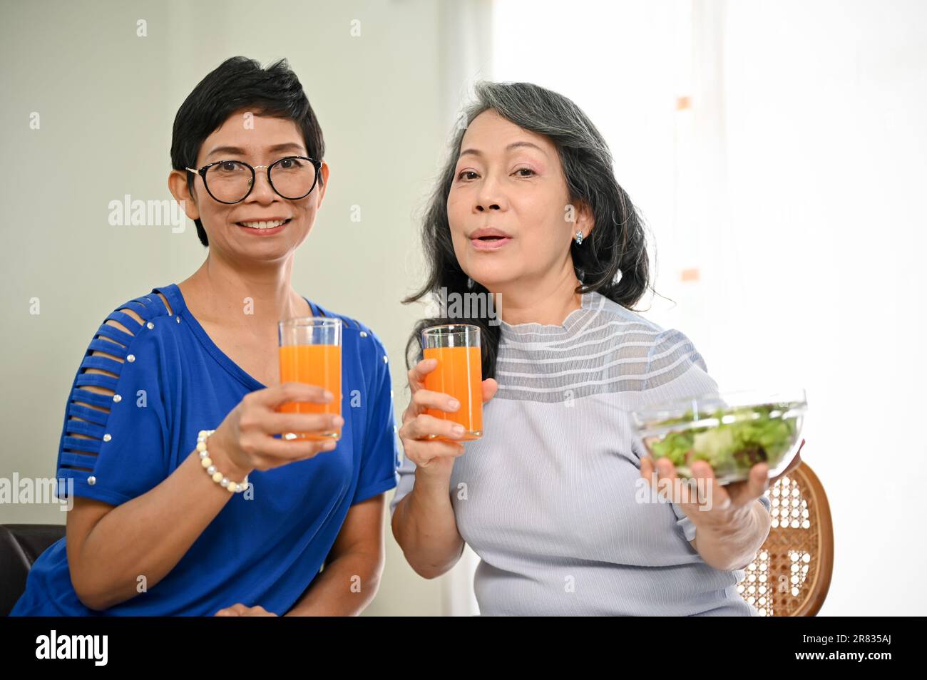 Two beautiful and happy retired middle-aged Asian women sitting in a ...