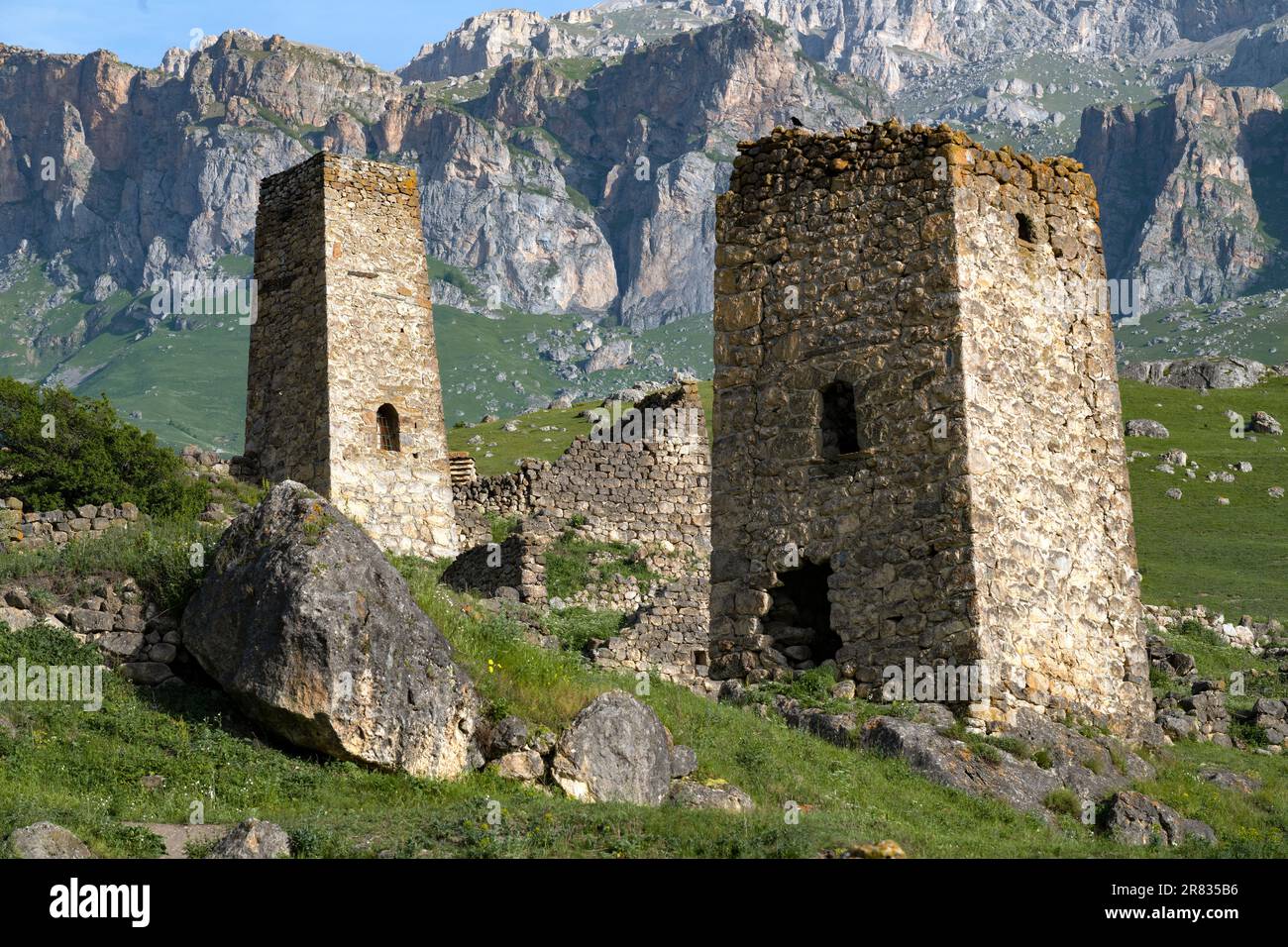 Two ancient Ossetian defensive towers against the backdrop of the ...