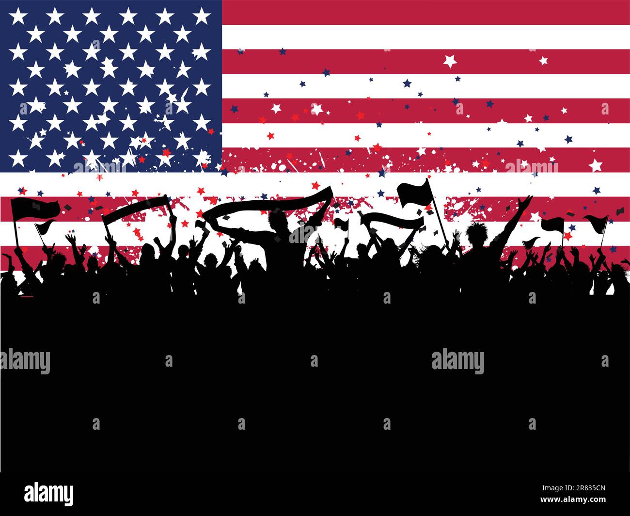 Silhouette of a party crowd with banners and flags on an American flag ...
