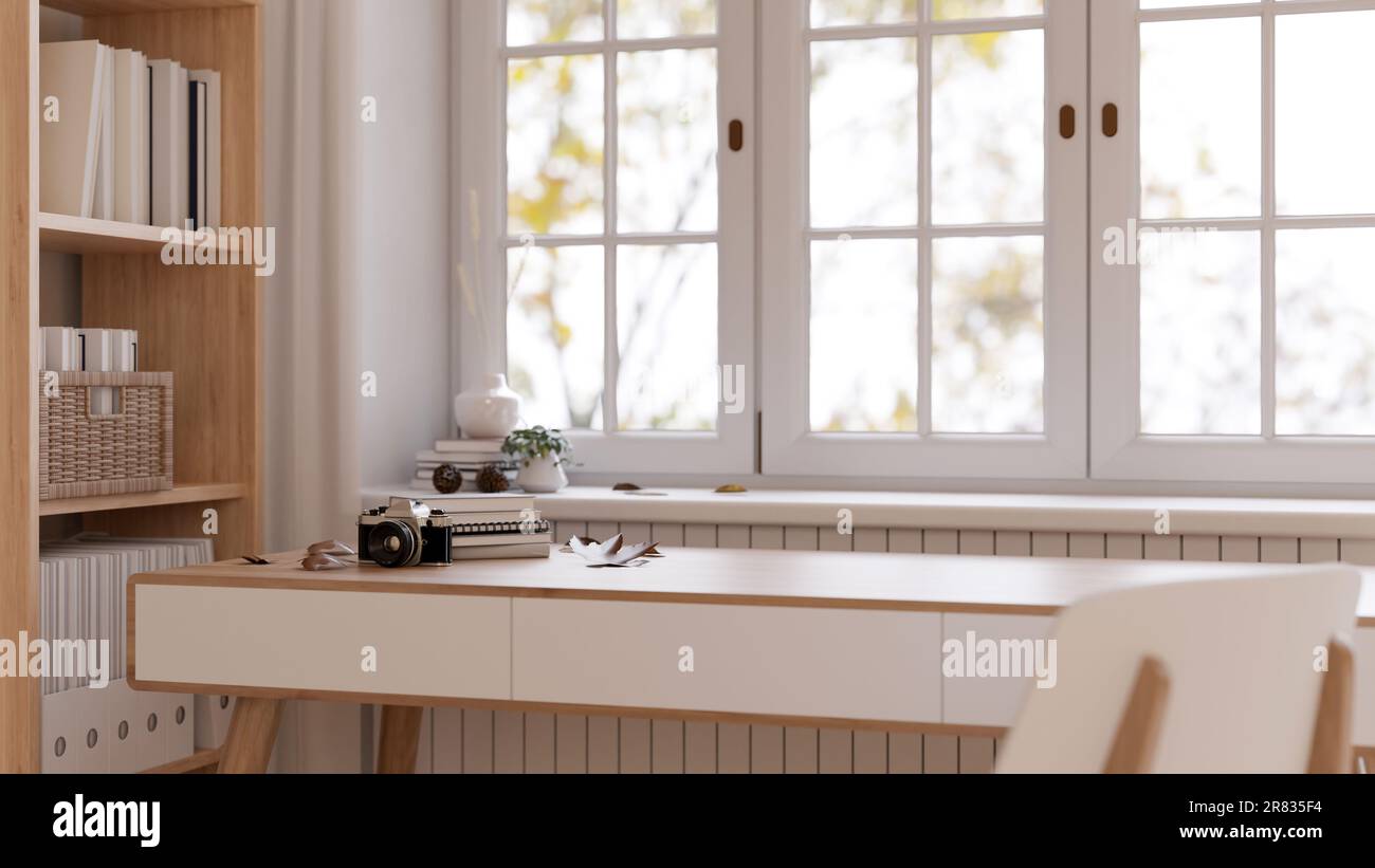 Minimal Scandinavian home workspace with copy space on a wooden table ...