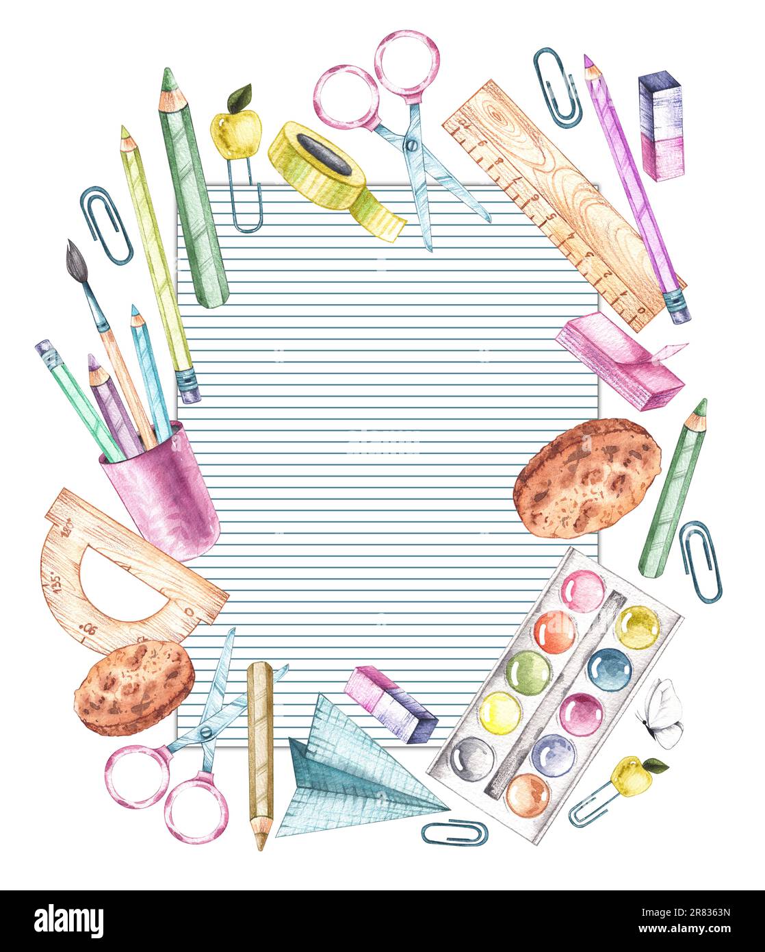 Back to school striped sheet isolated on white background. Watercolor ...