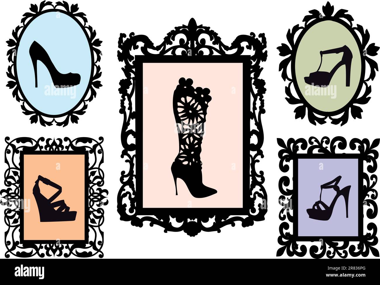 shoe silhouettes in antique picture frames, vector set Stock Vector ...
