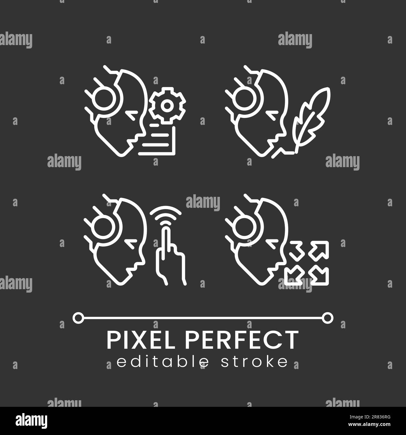 Artificial intelligence capabilities pixel perfect white linear icons set for dark theme Stock ...