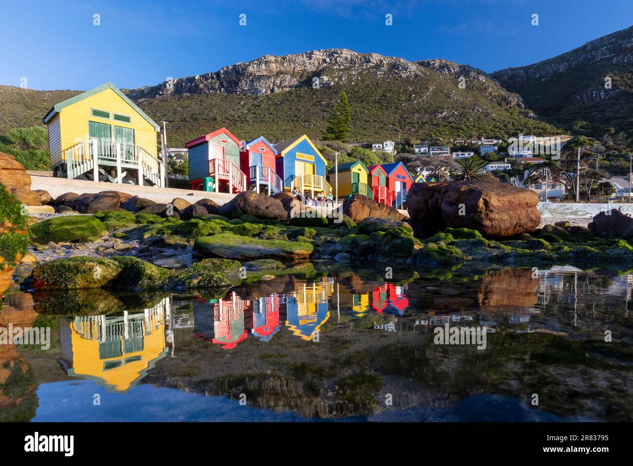 Colorful beach hut reflections at St. James Beach near Cape Town, South ...