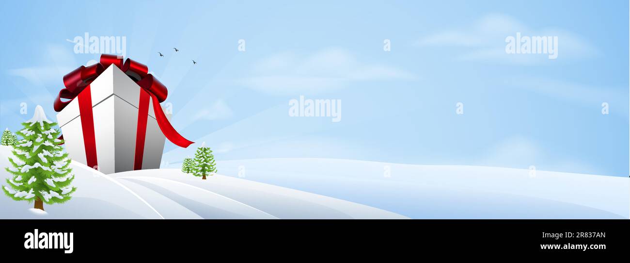 Illustration of a giant Christmas gift in winter landscape, banner ...