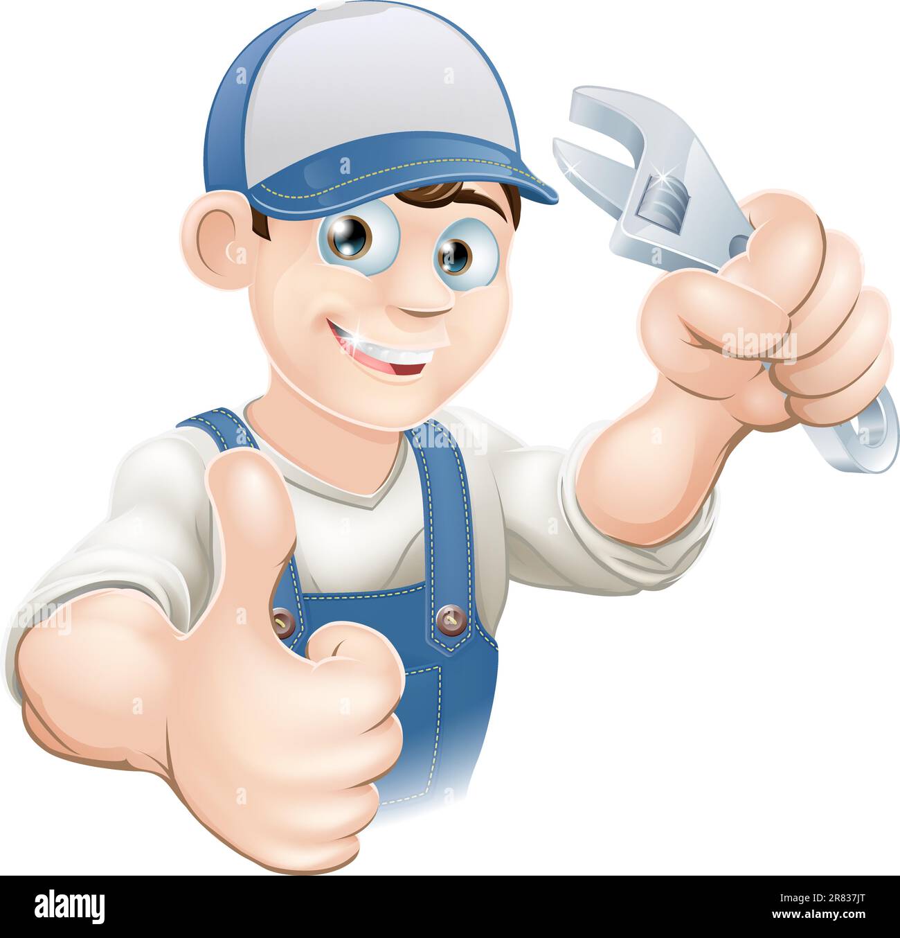 Graphic of a smiling plumber, mechanic or handyman in overalls holding ...