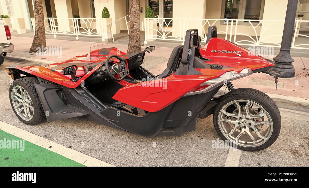 Miami Beach, Florida USA - April 15, 2021: red polaris slingshot sl ...