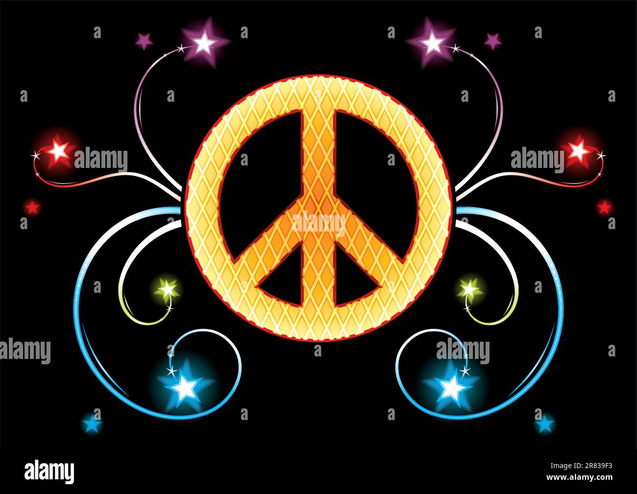 Symbol of peace on black background with flares and glowing stars Stock ...