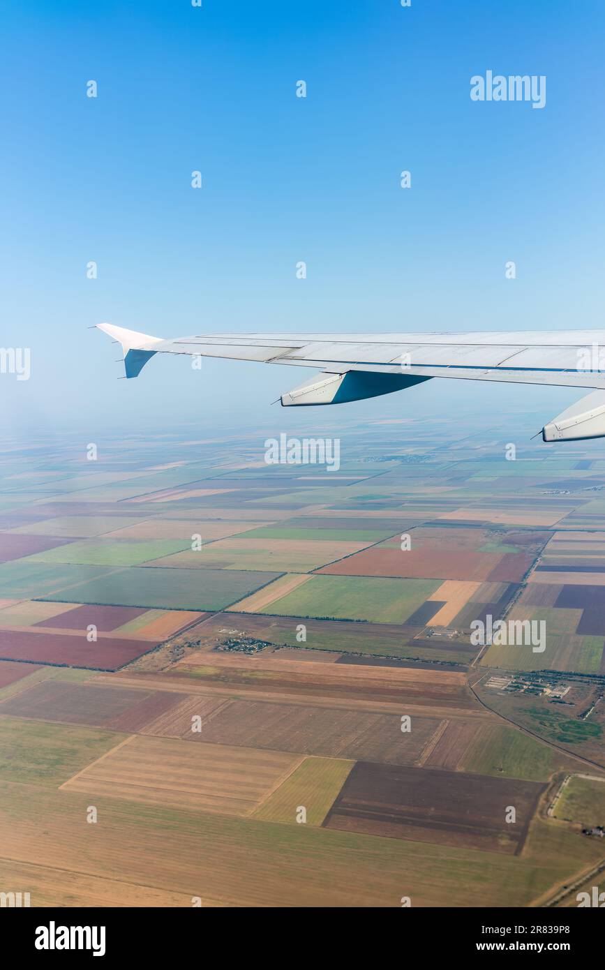 View from the airplane window during takeoff at Koltsovo airport on a ...