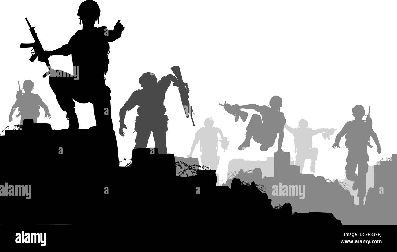Editable vector silhouettes of armed soldiers charging forward with ...