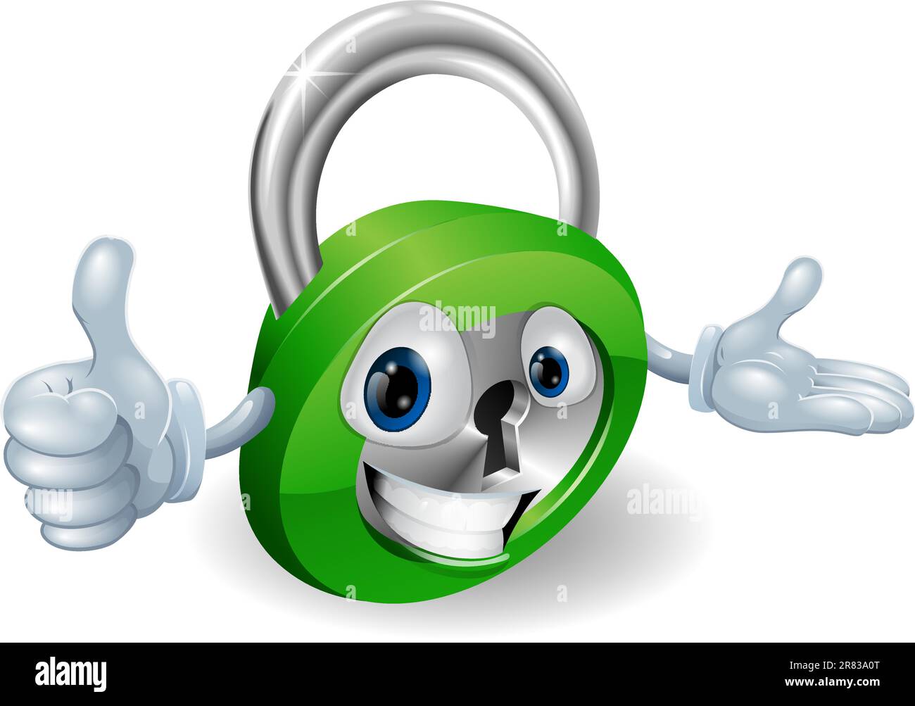 Smiling padlock safety concept mascot with thumbs up and open hand ...