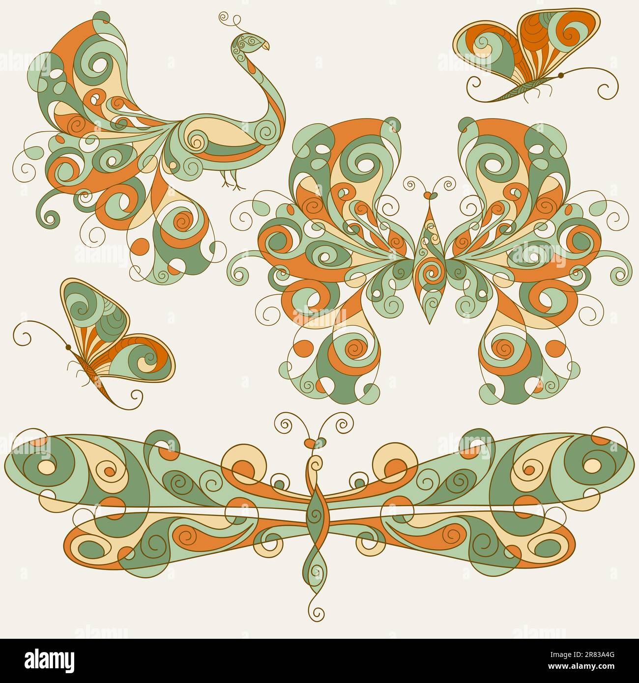 vector stylized dragonfly, butterflies, and peacock, can be used ...