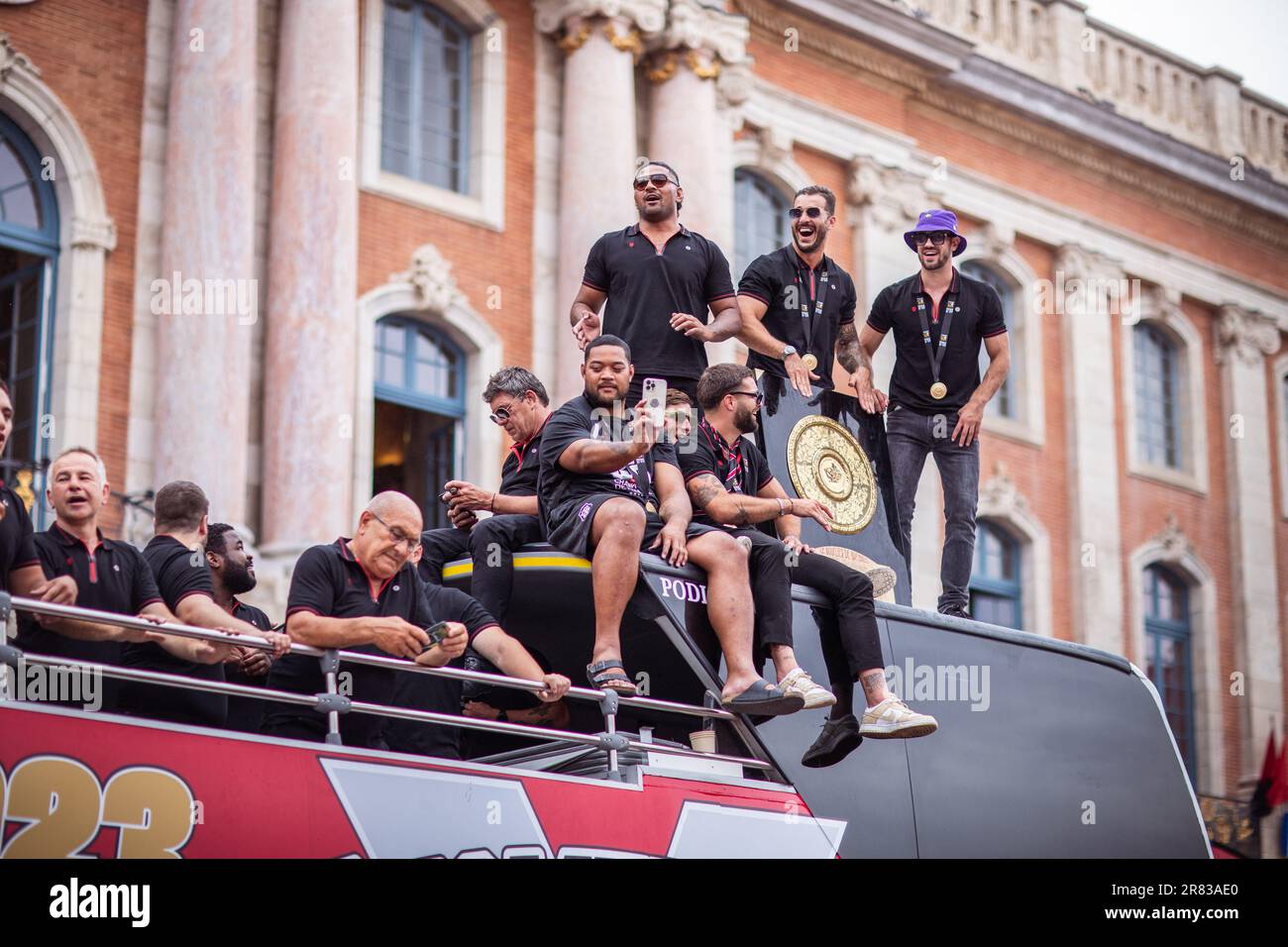 Toulouse, France. 18th June, 2023. Toulouse's players stand on a bus ...