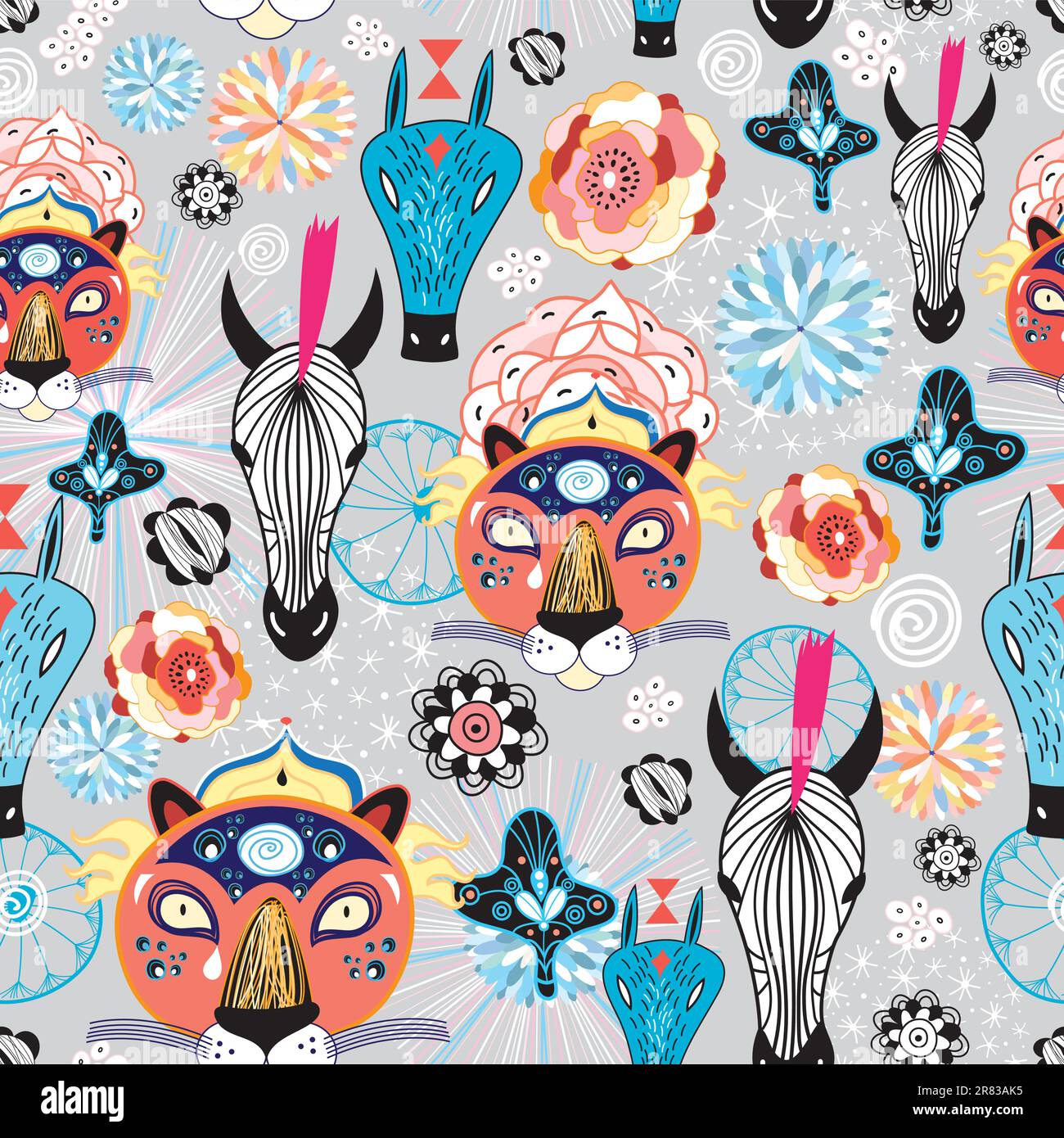 Seamless vivid pattern of wild animals on a gray background with ...
