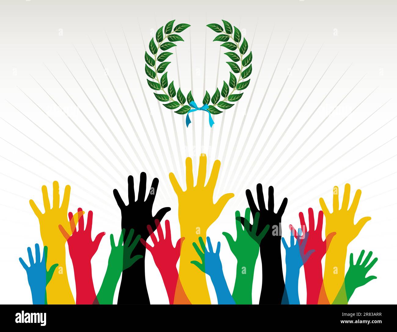 Colorful hands with a laurel wreath with a sky blue ribbon over white ...