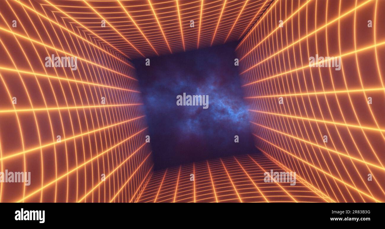Abstract orange yellow energy grid swirling tunnel of lines in the top ...