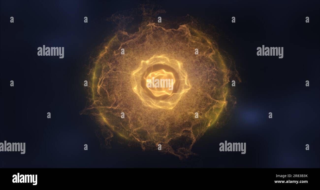 Abstract sphere atom with electrons flying glowing yellow bright ...
