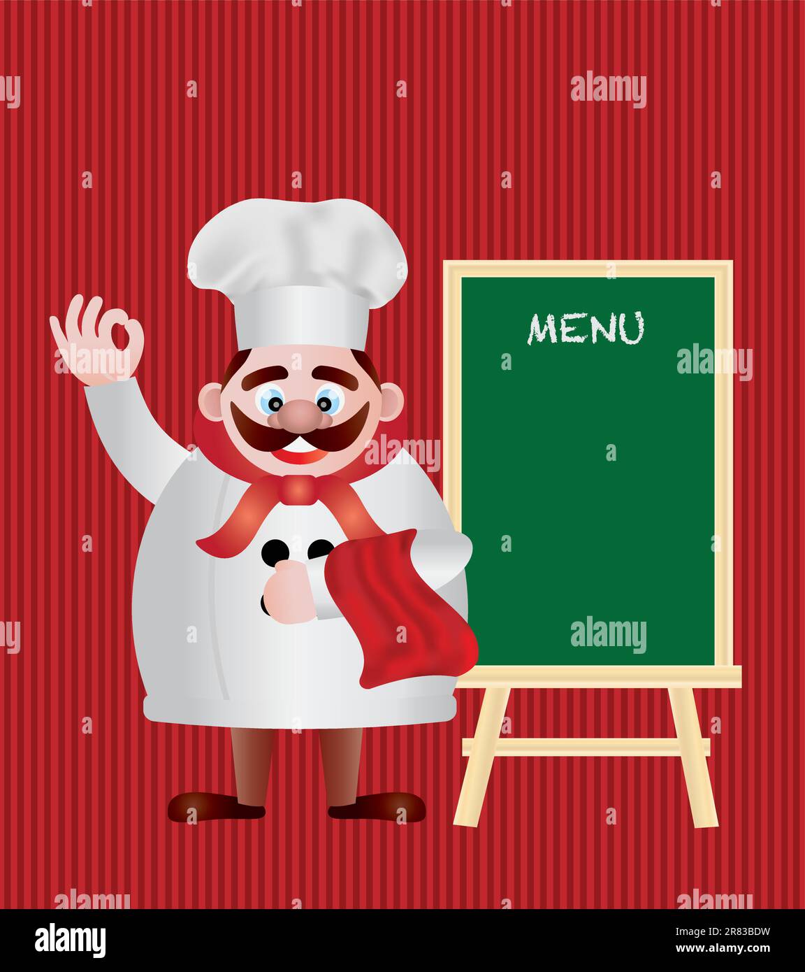 Chef with Menu Sign Chalkboard on Red Stripes Background Illustration ...