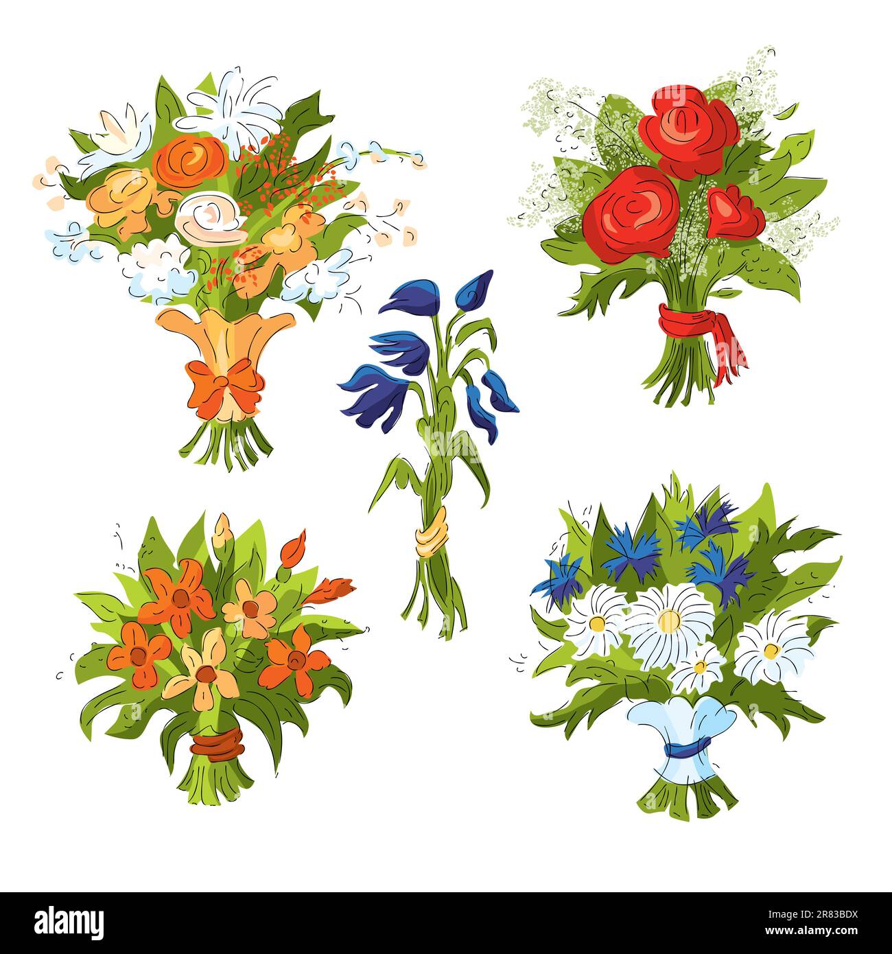A set of five bouquets of flowers, isolated on a white background Stock ...
