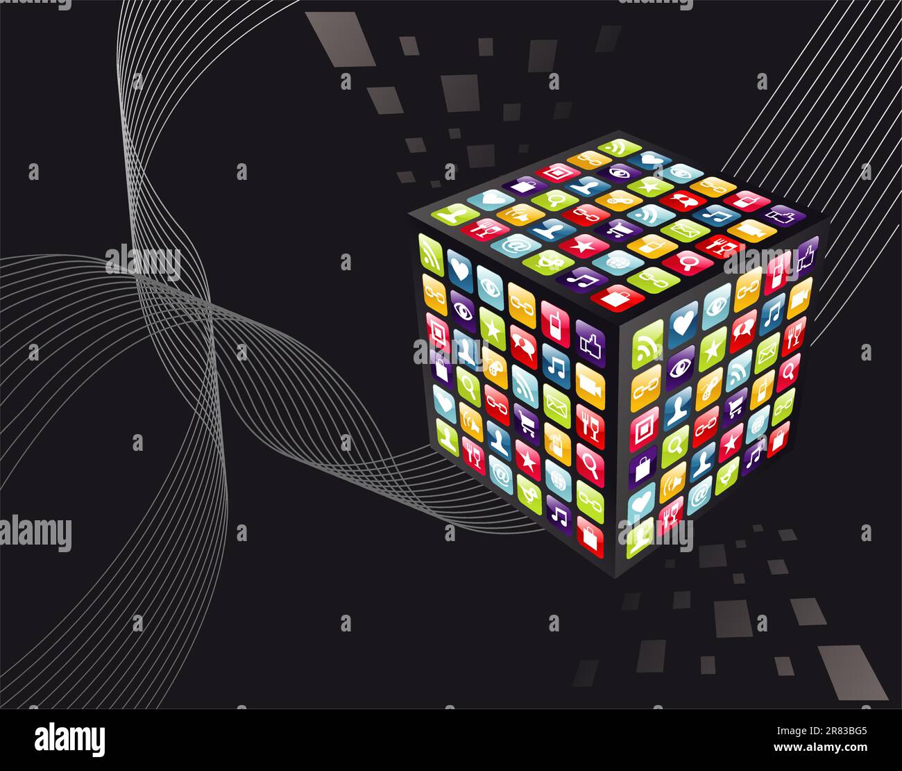 Smartphone application icons in cube shape on black background. Vector ...