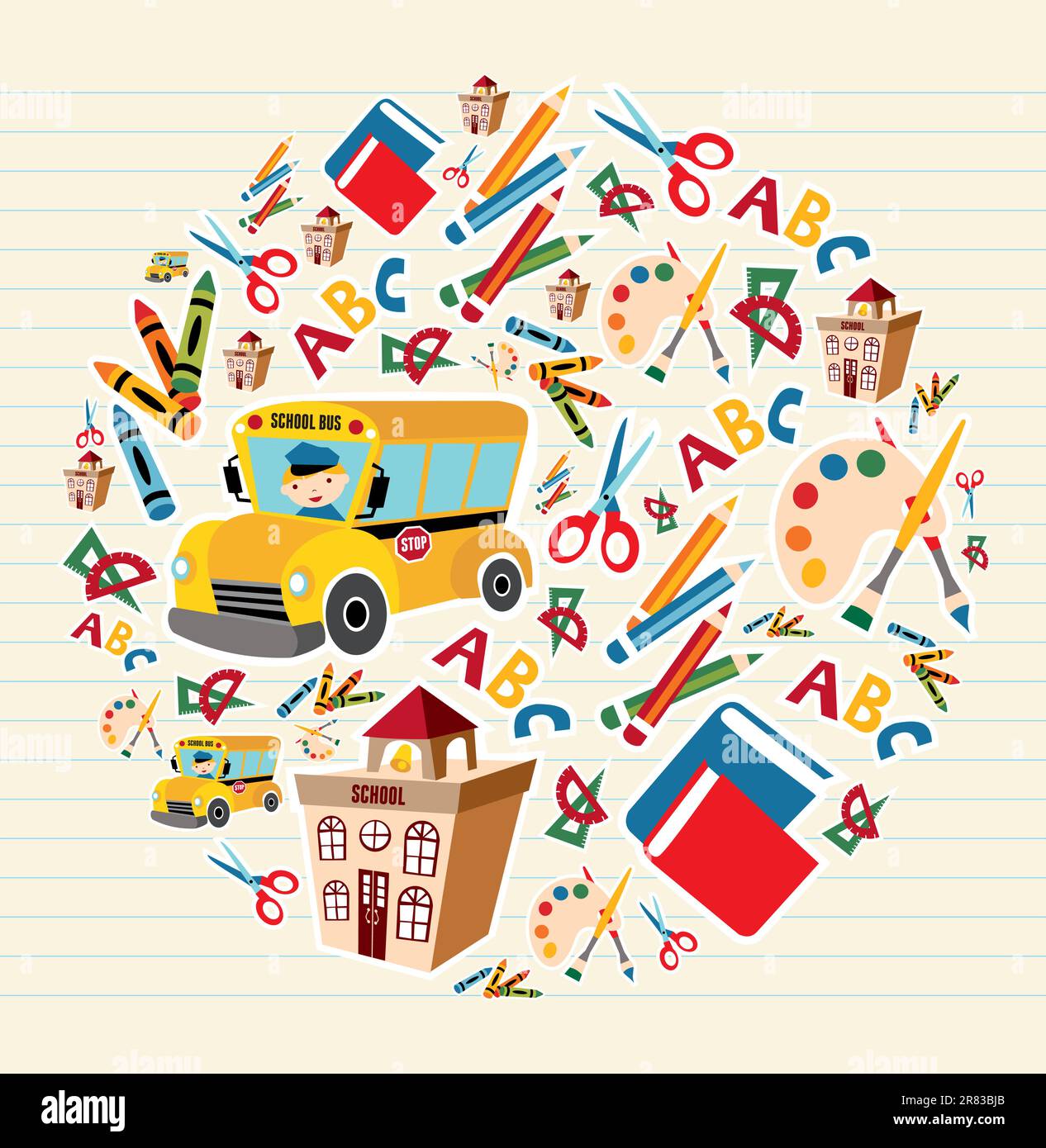 Set of school tools and supplies in circle background. Vector file ...