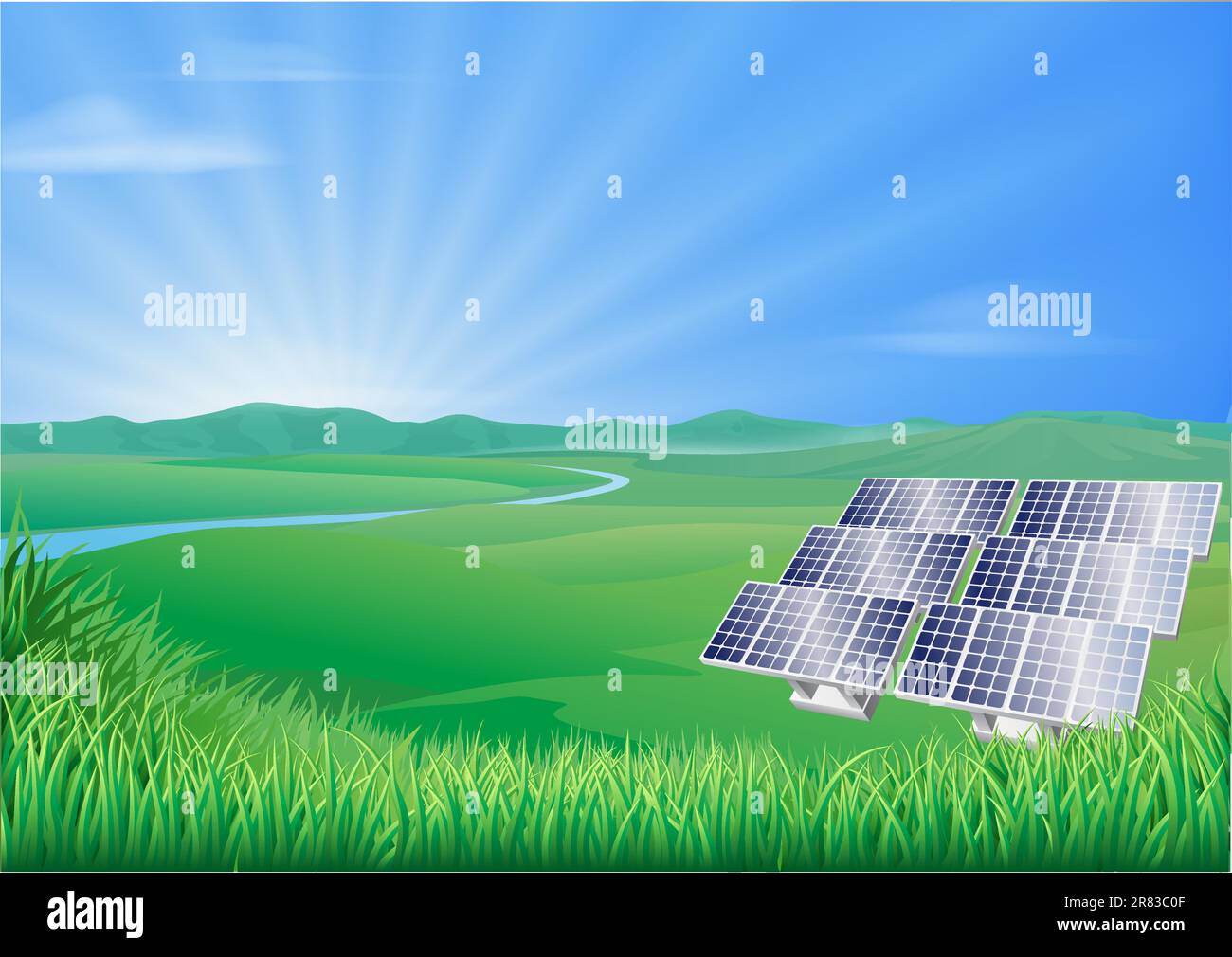 Illustration of solar panels in green landscape for sustainable ...