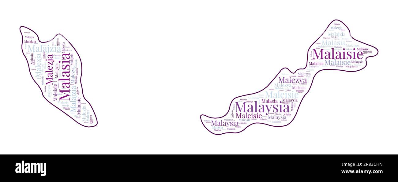 Malaysia shape filled with country name in many languages. Malaysia map ...