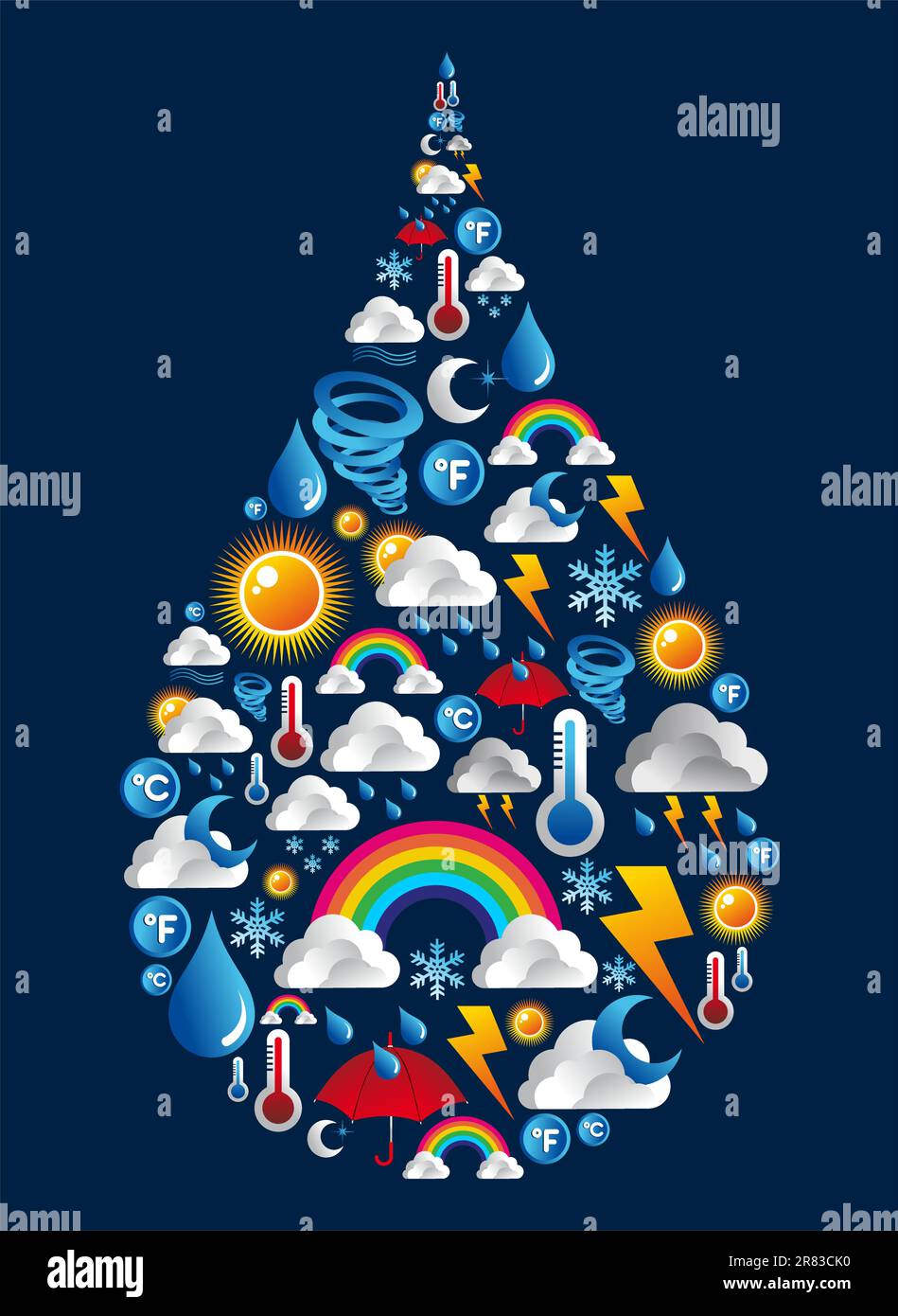 Weather icons set in water drop shape background. Vector file layered ...