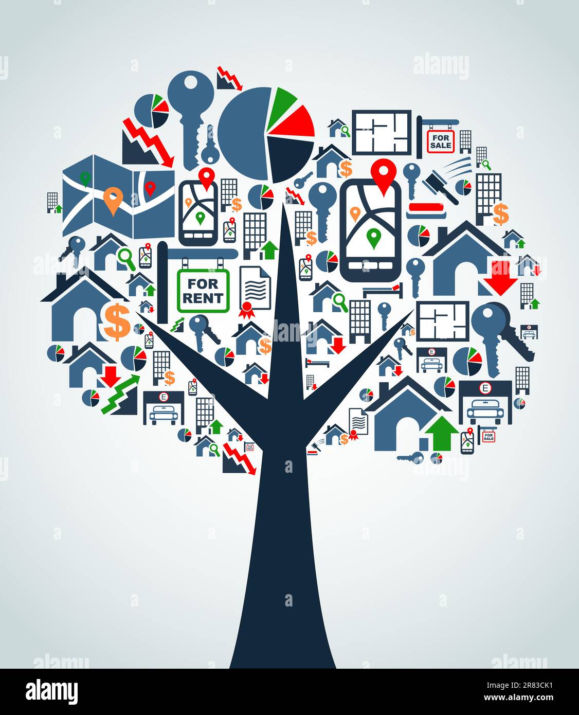 Real estate icon set in tree symbol shape background illustration ...