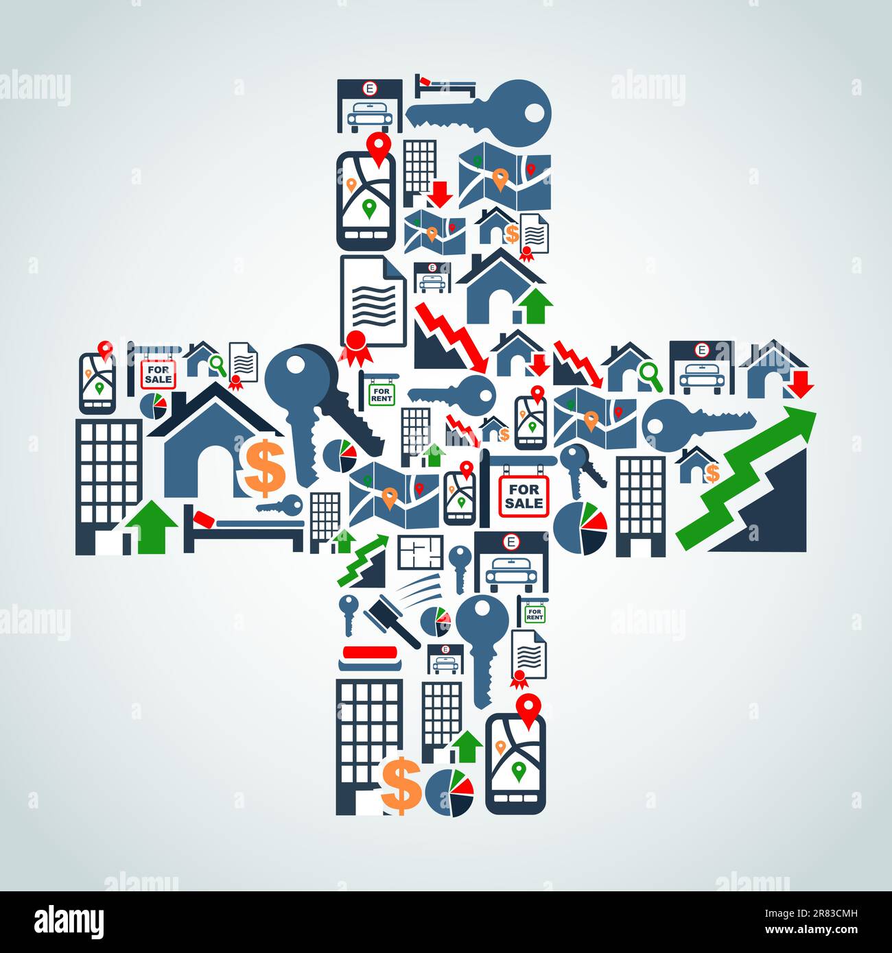 Real estate icon set in cross symbol shape background illustration ...