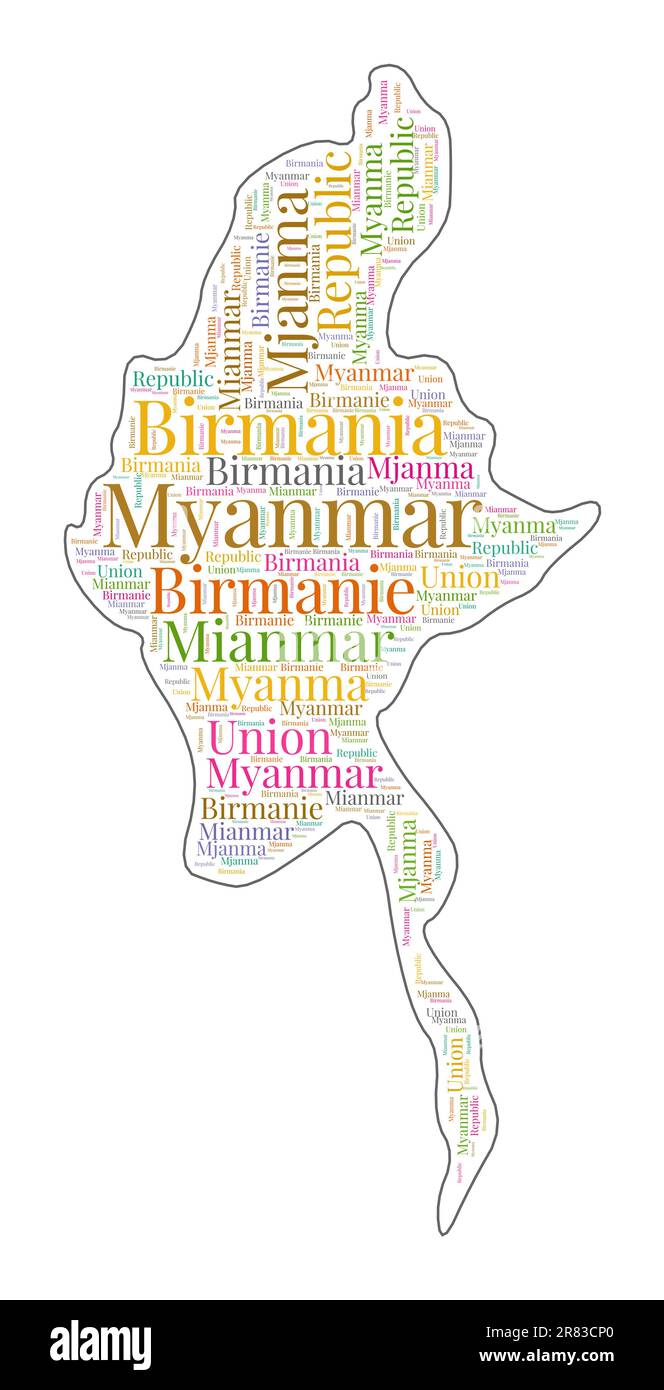 Myanmar shape filled with country name in many languages. Myanmar map ...