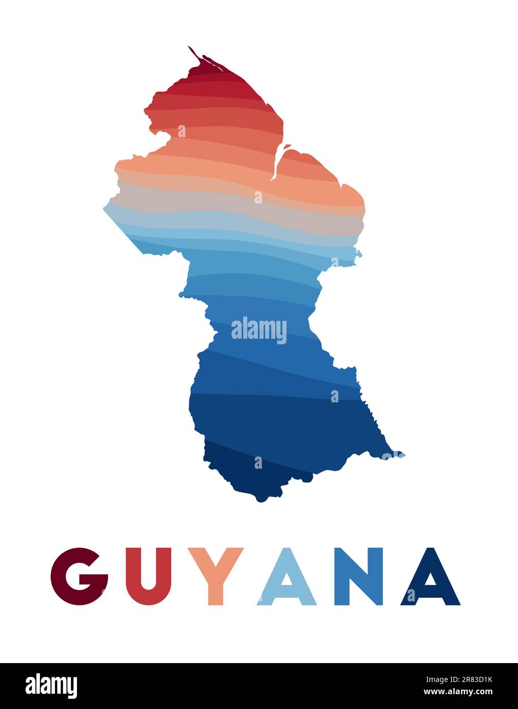 Guyana map. Map of the country with beautiful geometric waves in red and blue colors. Vivid ...