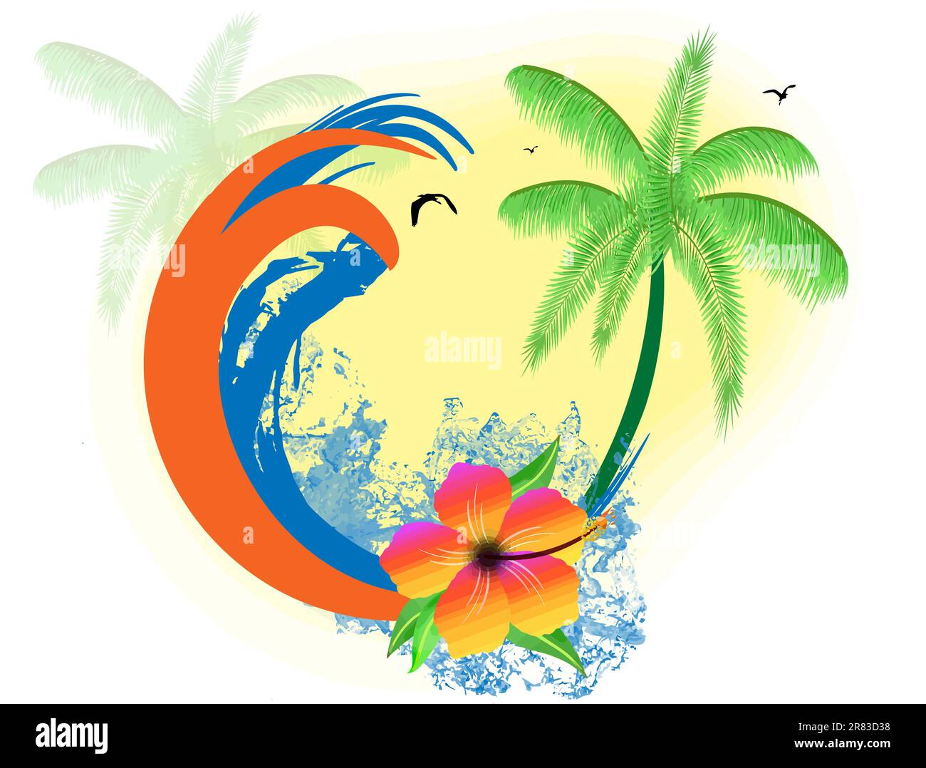 Tropical paradise background with palms, hibiscus flower and water, vector illustration Stock ...