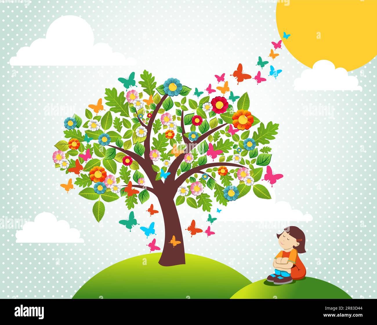 Cute spring time landscape with tree flowers composition and girl ...