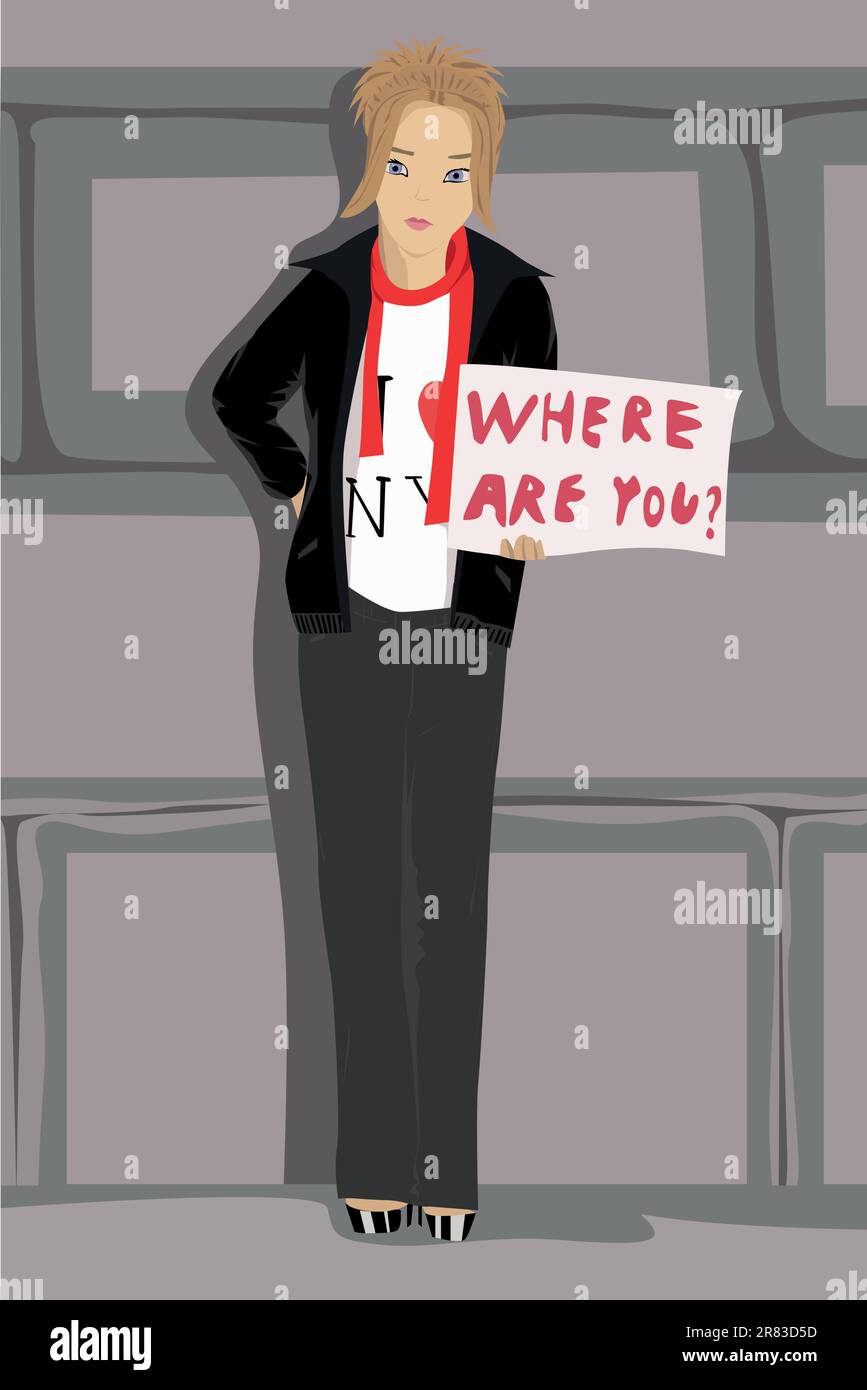 Vector illustration of Girl with question "where are you?" on paper ...