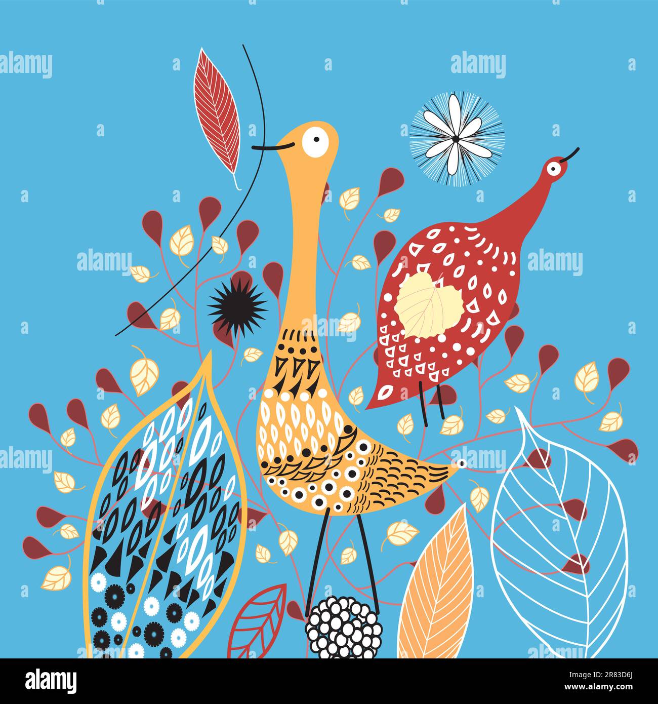 graphic background with autumn leaves and birds on a blue background ...
