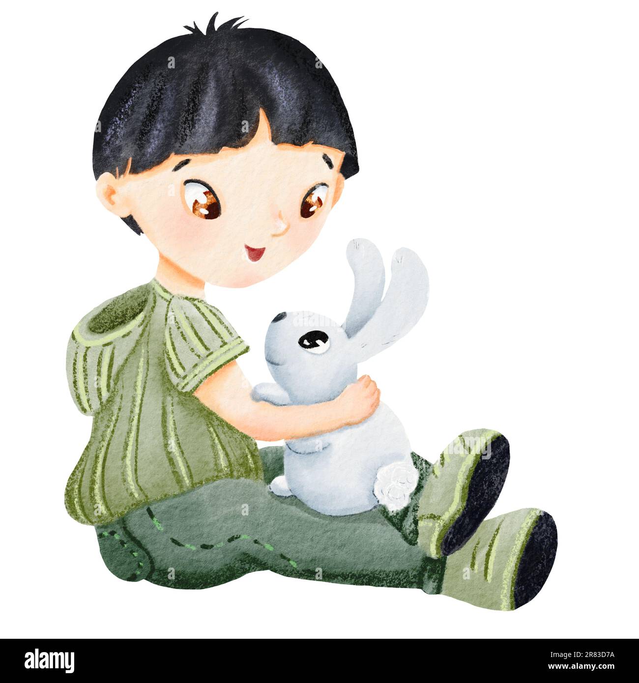 Asian boy stroking a rabbit. A teenager is sitting with a hare on his ...