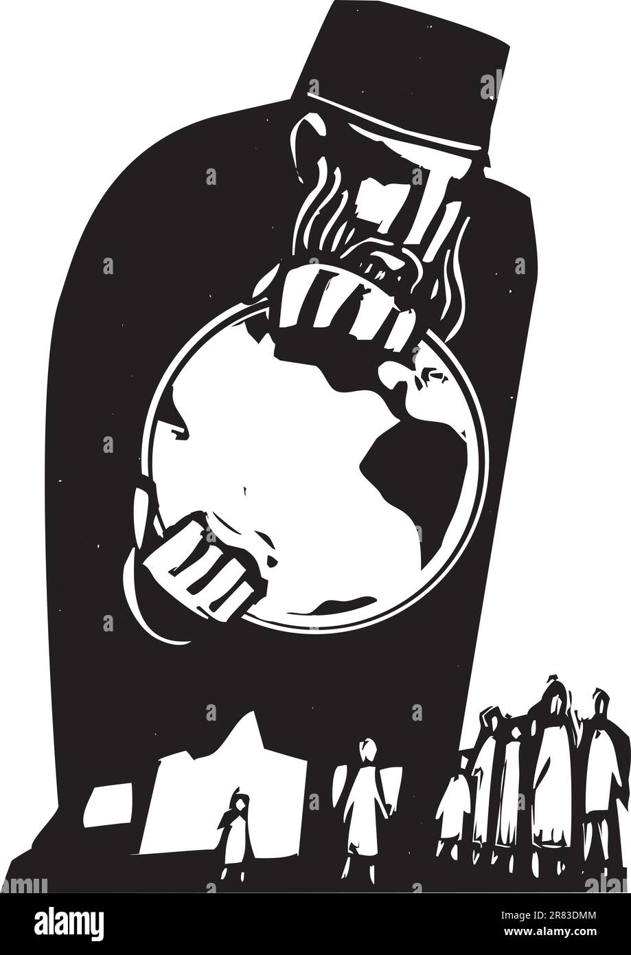 Bearded giant man holding the worlds in his hands surrounded by people ...