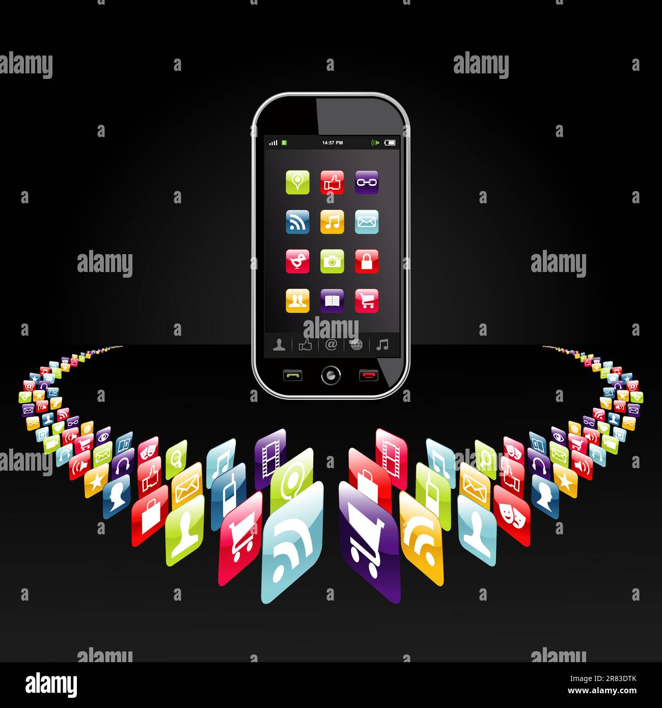Application icons for mobile device in circle on black background ...